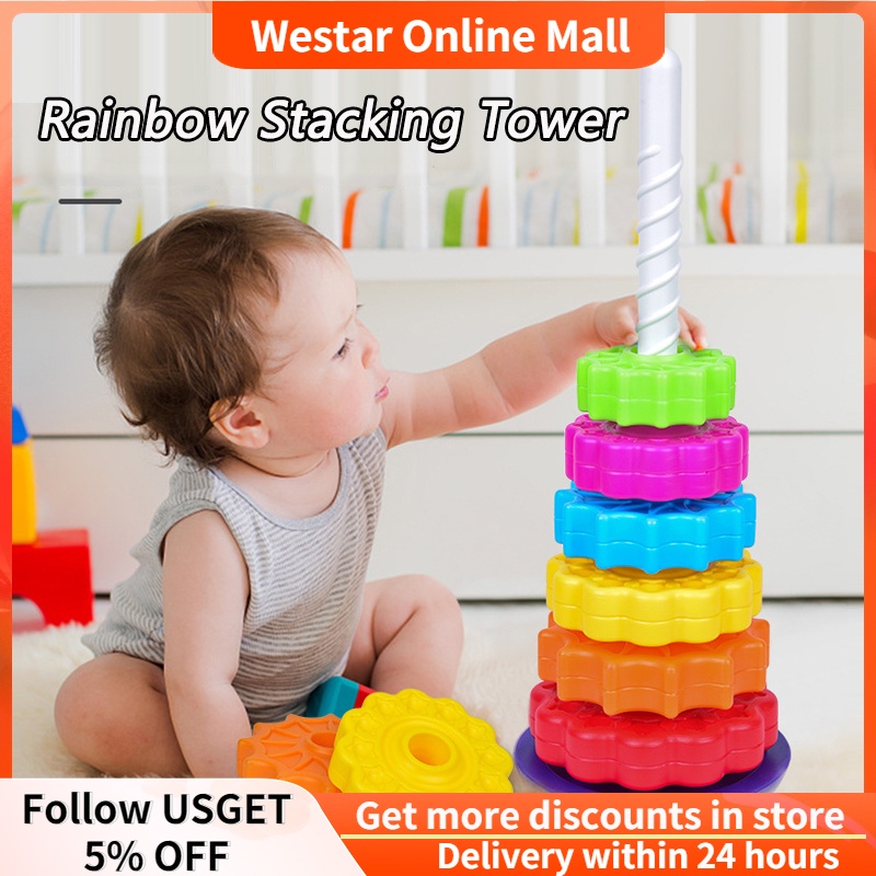 Baby Rainbow Tower Toys Stacking Circle Fun Tower Building Block Kid ...