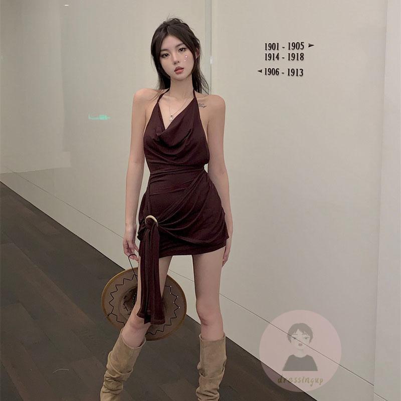 DRE-Women Sleeveless Halterneck Backless Slim Fit Mini Dress for ...