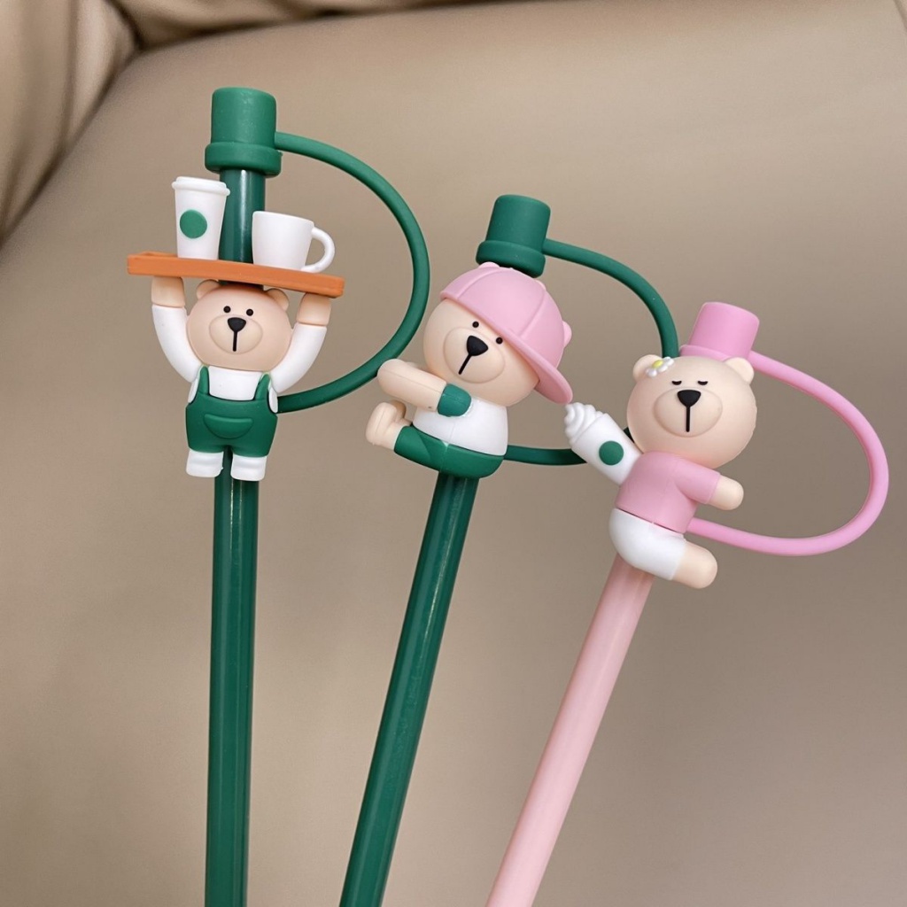 Starbucks cartoon environmental protection Straw set cute bear store manager straw dust plug ...