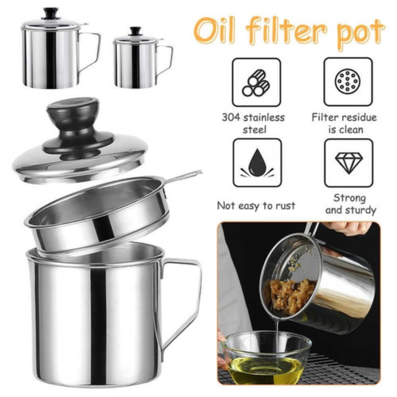 1.4L Oil Pot Stainless Steel Strainer Oil Bottle with Lid | Shopee ...