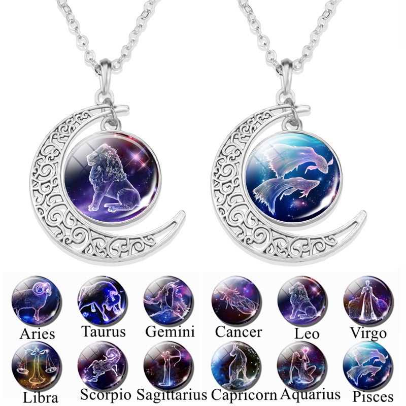 12 Constellations Crescent Moon Necklace Zodiac Signs Glass Fashion Jewelry Pendant Aries Gemini ...