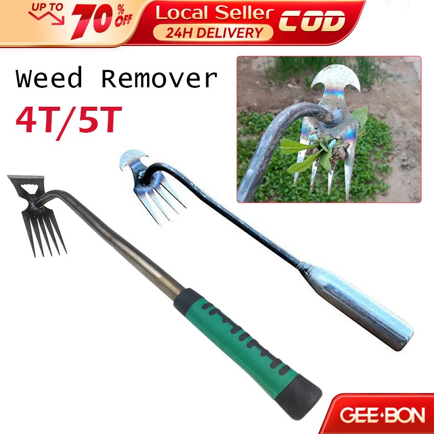 GEEBON Weeding Uprooting Tool Steel Weed Puller 4 Teeth Weeder Digging Root Remover Garden Hoe ...