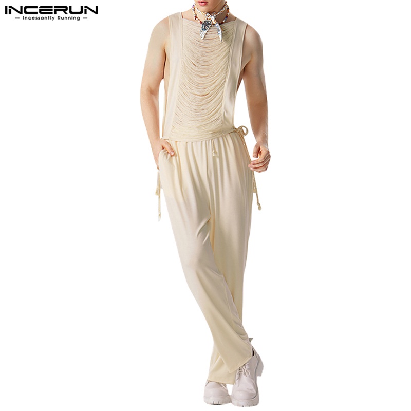 INCERUN Men Vintage Hollow Design Fringe Side Strap Tanks Elastic Waist ...