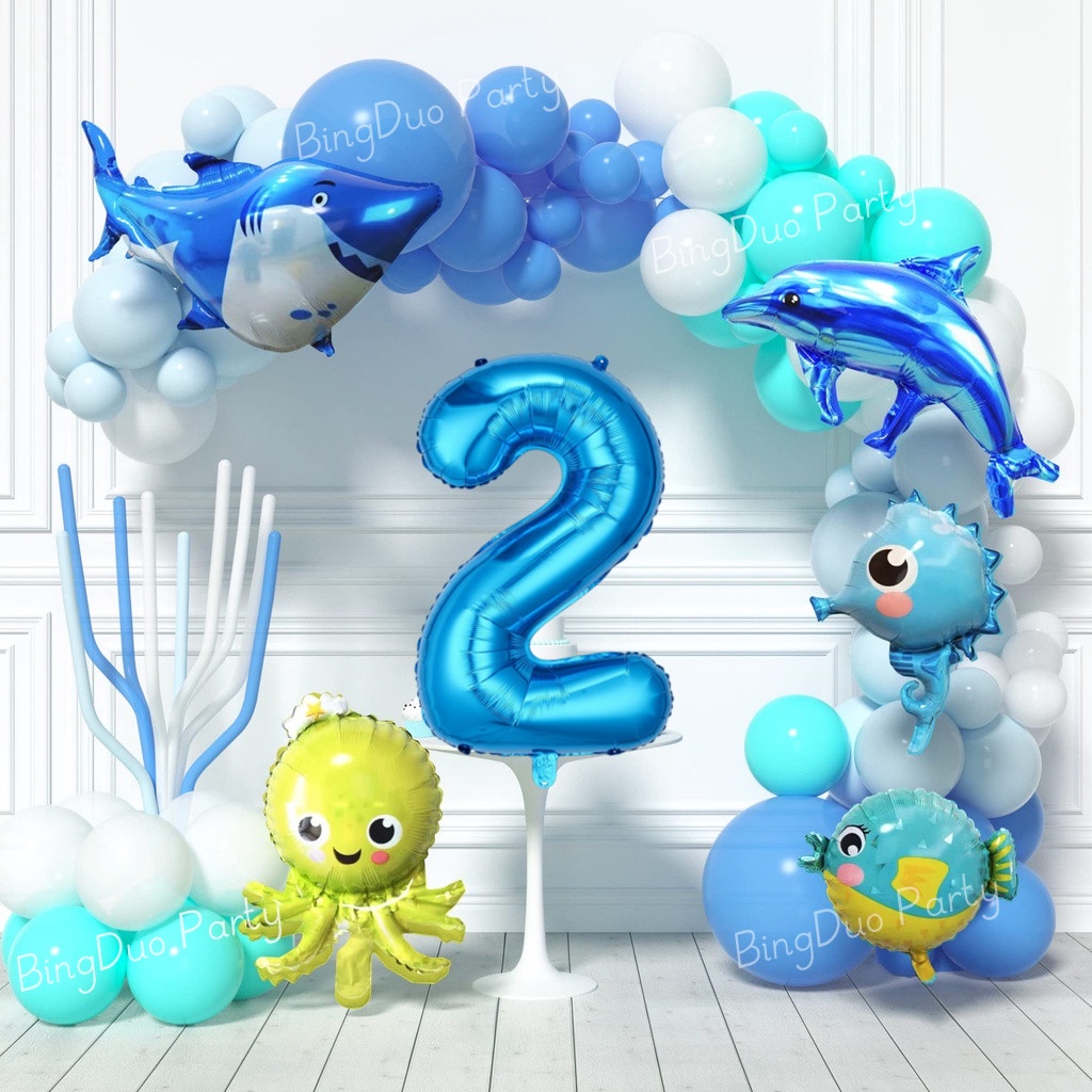 65/66pcs Marine Ocean World Balloons Set Shark Dolphin Octopus Foil ...