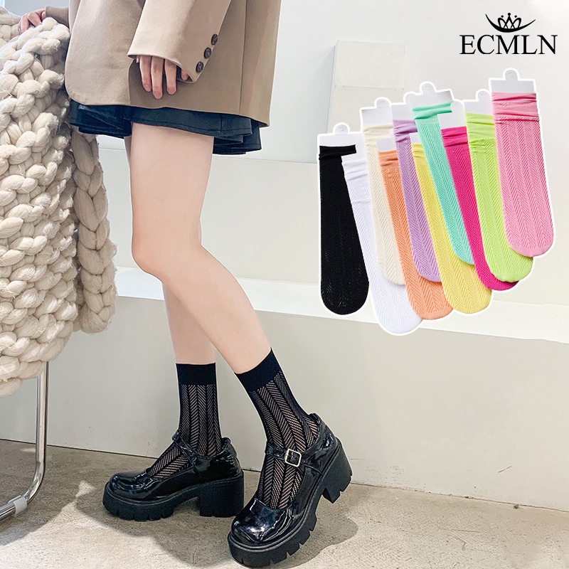 ECMLN Womens Hollow Mesh Mid Tube Socks Girls Summer Korean Solid Color ...