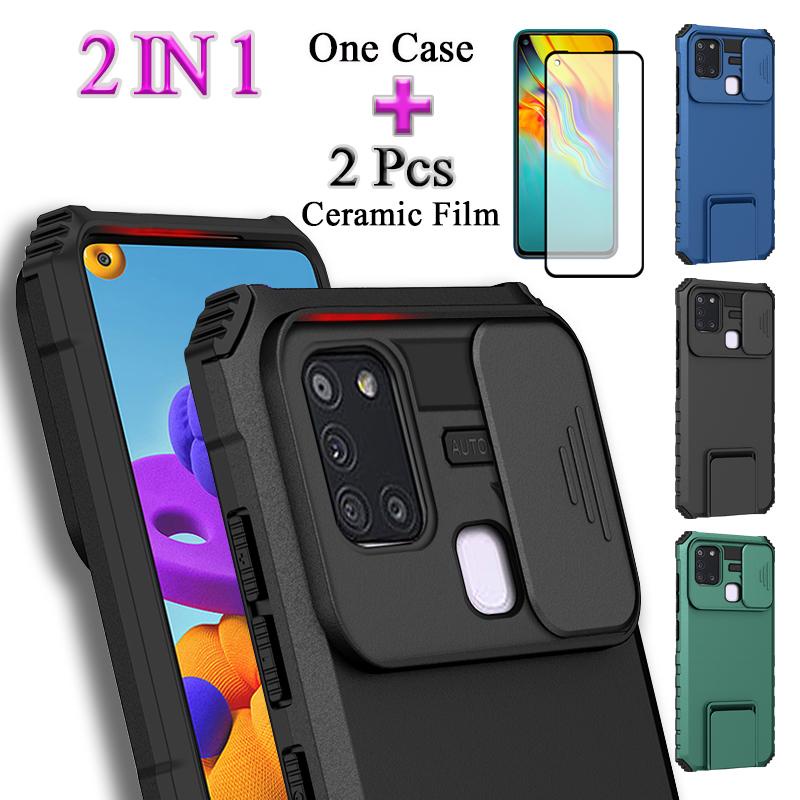 2 IN 1 For Samsung Galaxy A21S Casing Sliding Window Holder Drop Proof Hard Case Camera Cover ...