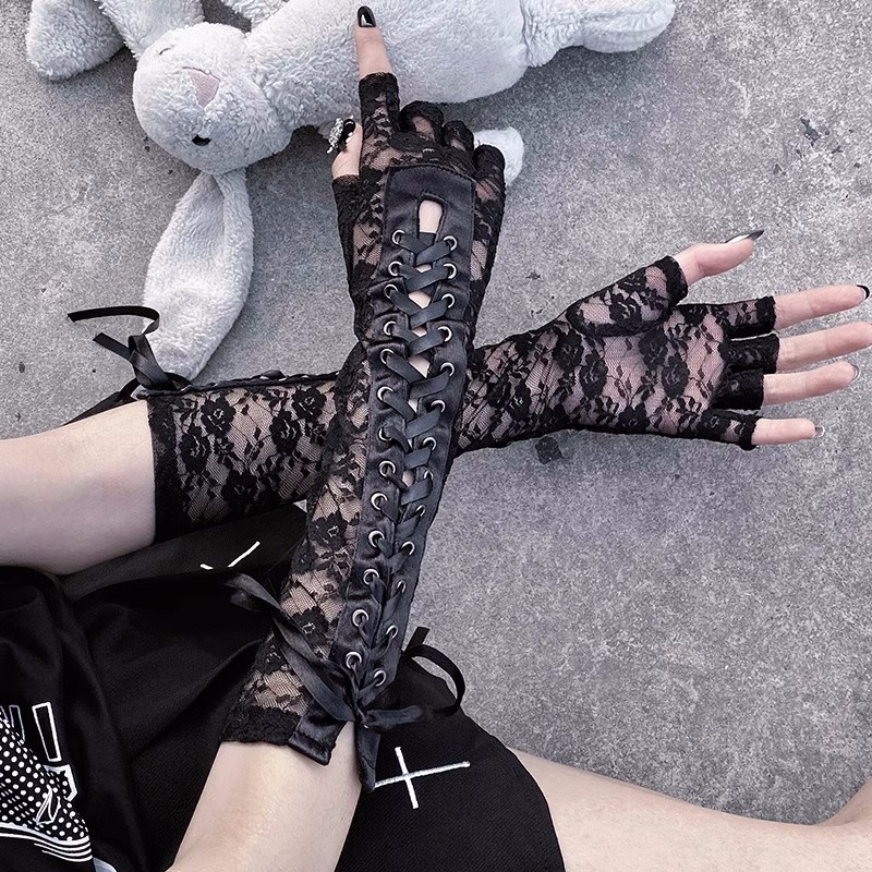 Subculture Gothic Lolita Bandage Elbow Length Half-Finger Gloves Women ...