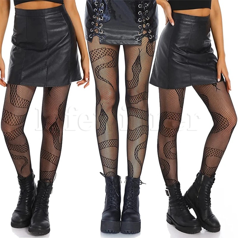 Thigh High Pantyhose Fishnet Black Stockings Snake Lined Tights Sexy ...