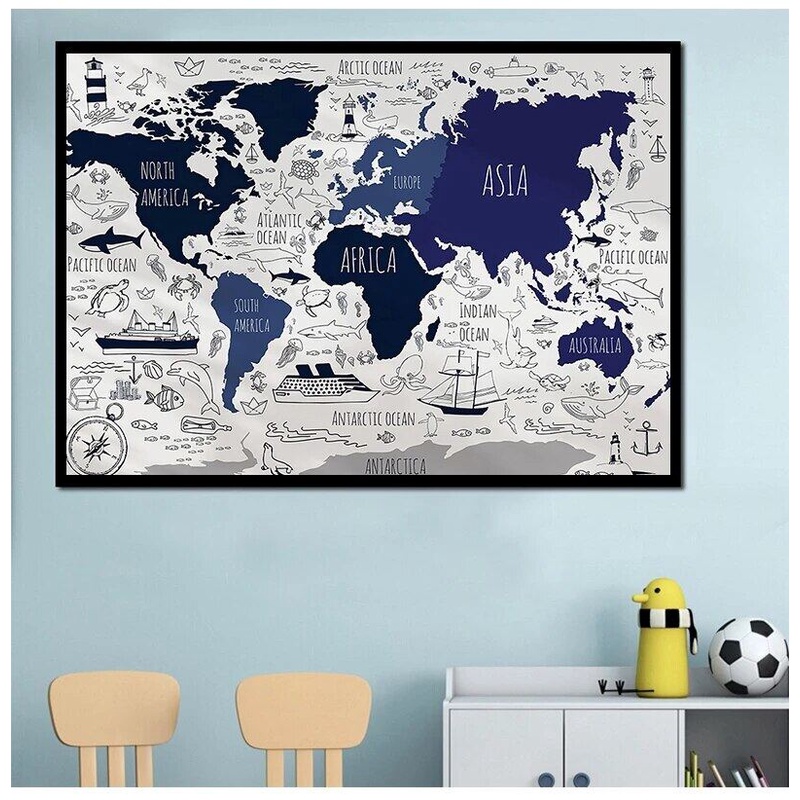 Navy Blue Navy World Map Canvas Painting Poster Room Decoration Cartoon ...
