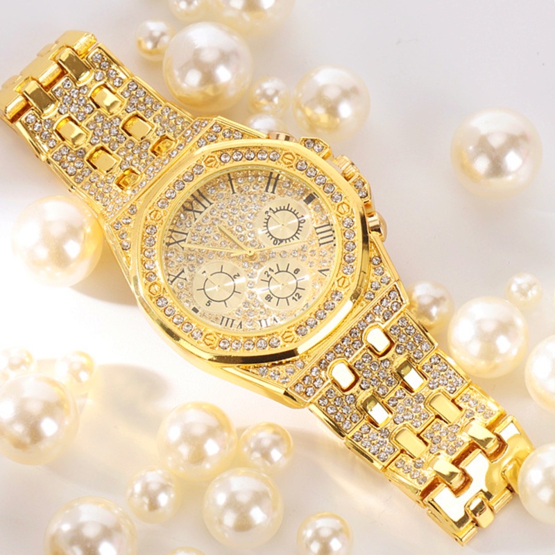 Large dial men's watch Cuban hip-hop gold men's steel band three eye ...