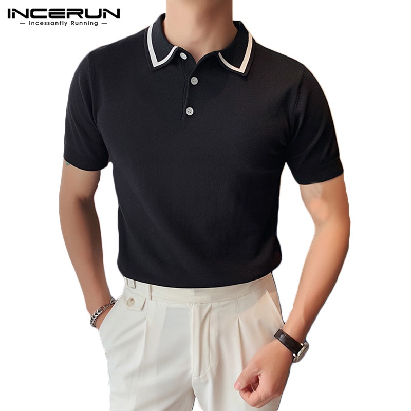 INCERUN Knitted Short Sleeve Solid Polo Top POLO Shirts | Shopee ...