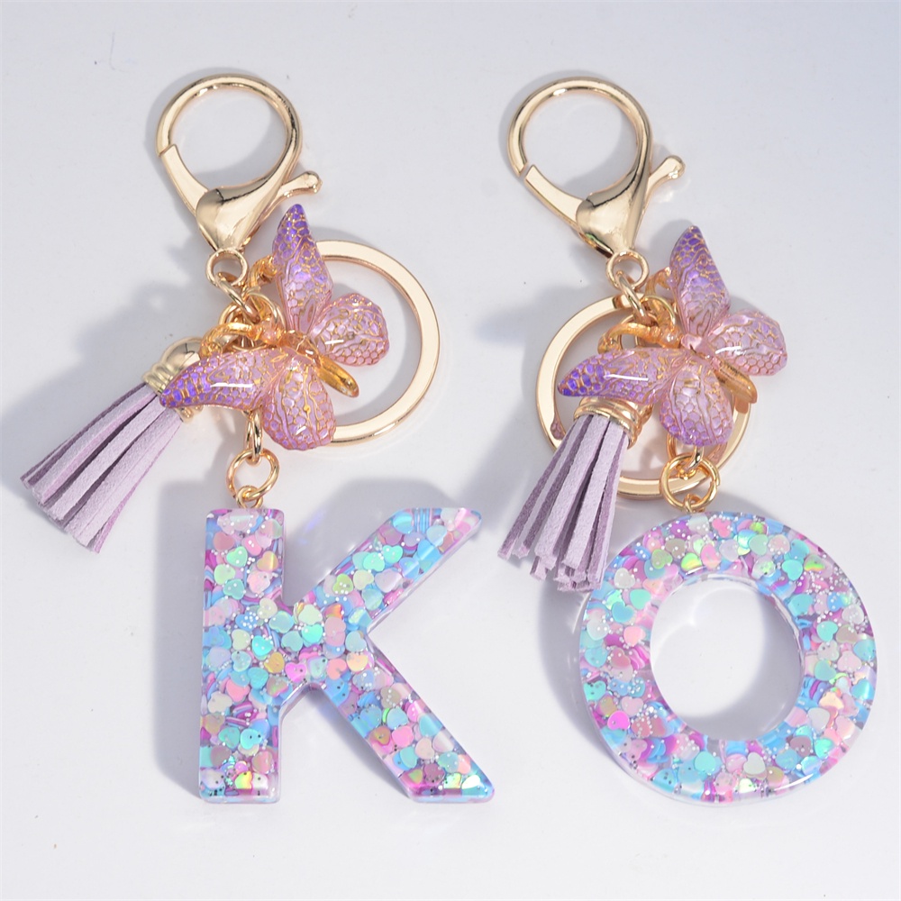 Fashion Heart Sequins Filled Letter Keychain Purple Butterfly Tassel A ...