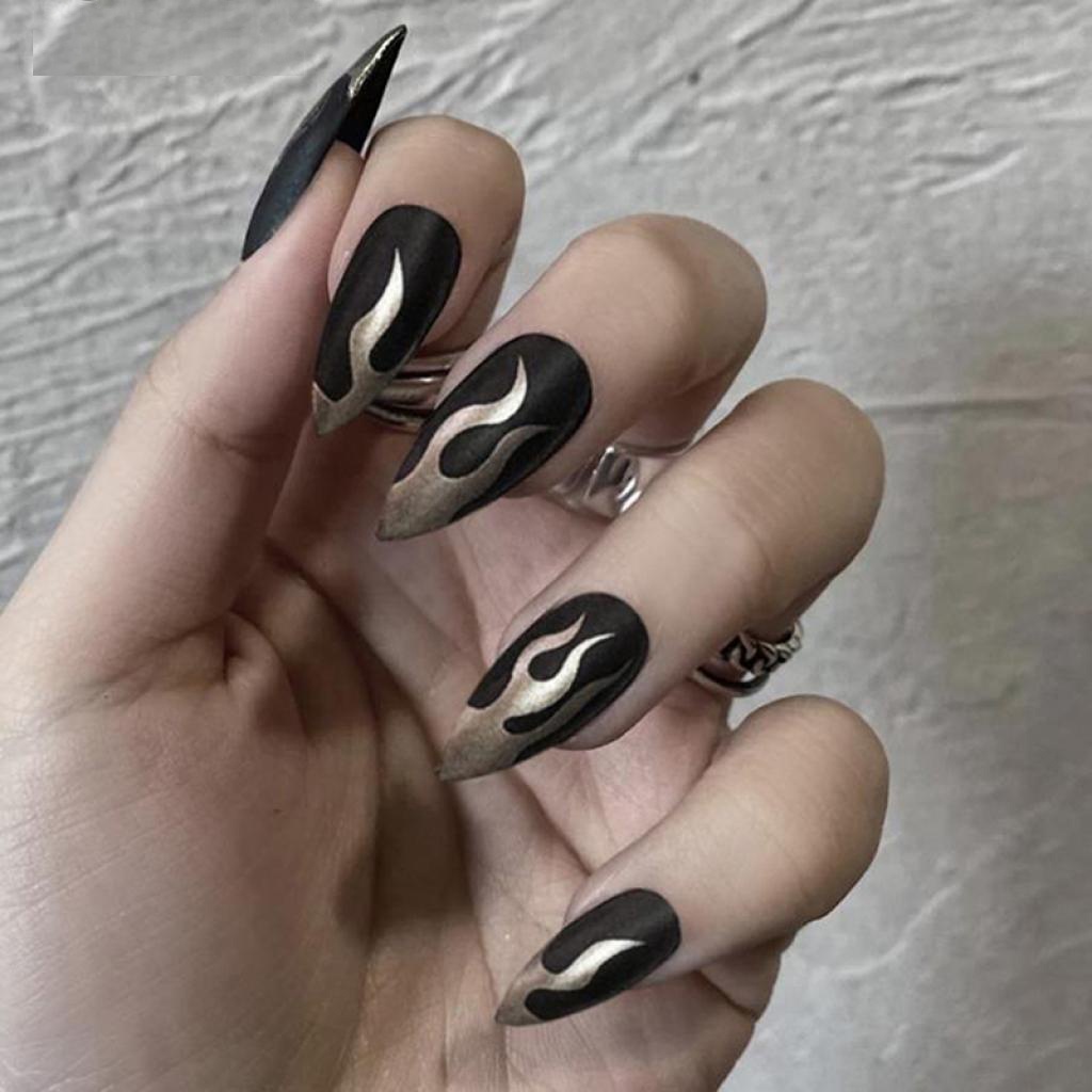 French Black Flame Nails Gradient Burgundy Jelly Glue on Nails Full ...