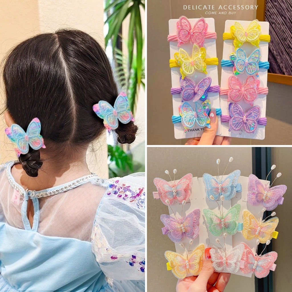 Children Butterfly Hair Clip & Hair Rope for Baby Girl Cute Colorful ...
