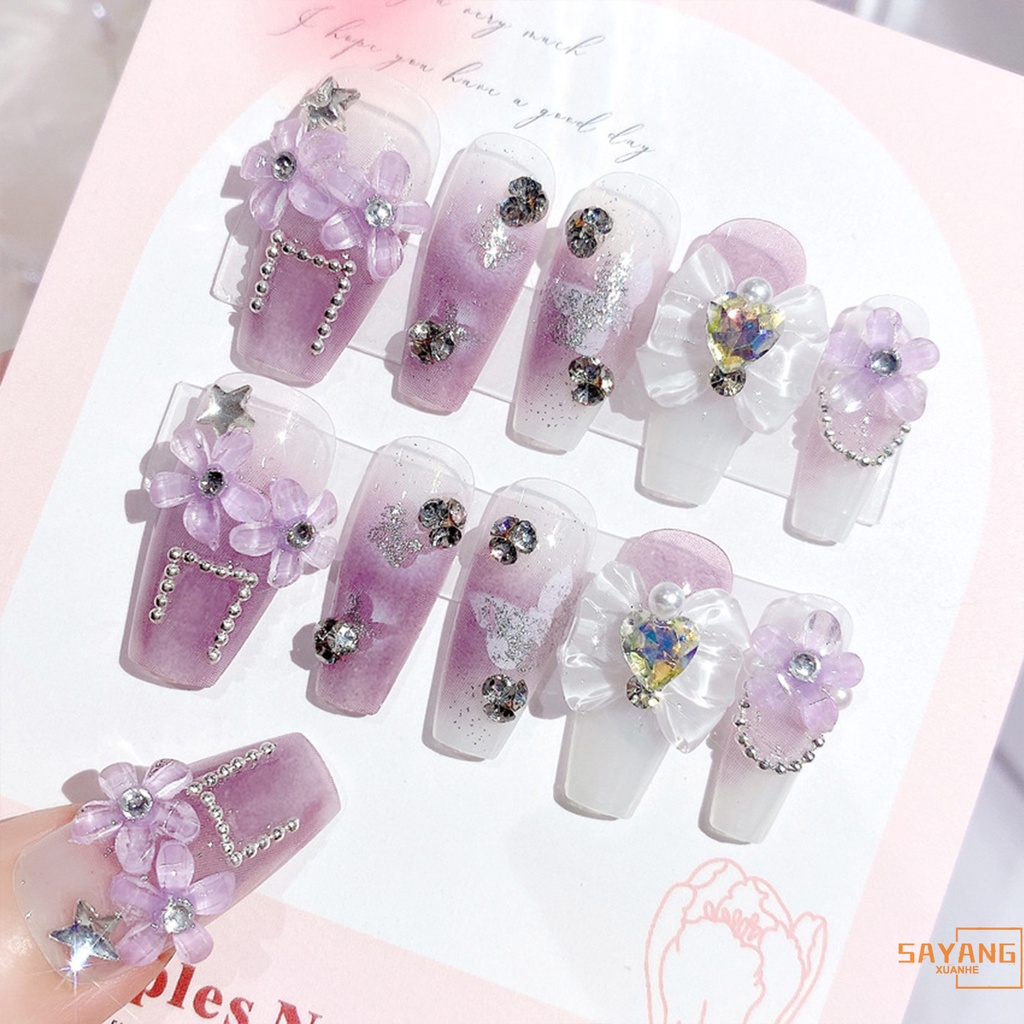 Crystal Bowknot & Flower Fake Nails Elegant Luxurious Long Ballerina ...