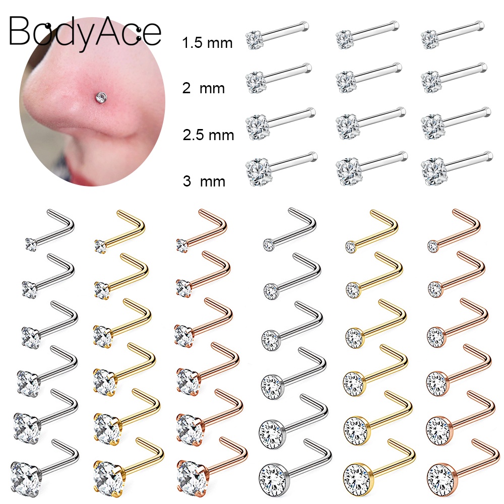 Bodyace 10 Pcs 1.5/2/2.5/3mm Cubic Zirconia Nose Piercing Crystal ...