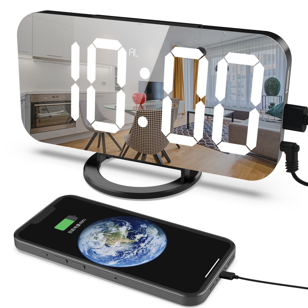 LED alarm clock dual USB output mobile phone charging sleepy mirror ...