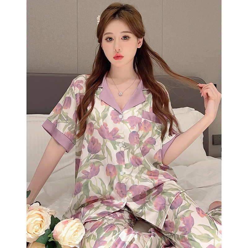 Summer pajama female high appearance level tulip short sleeve silk home ...