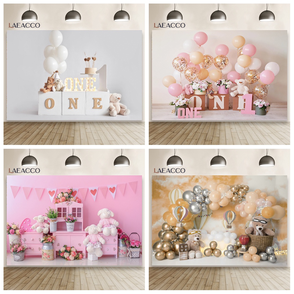 Baby Birthday Backdrop Toys Bear White Balloons Children Portrait ...