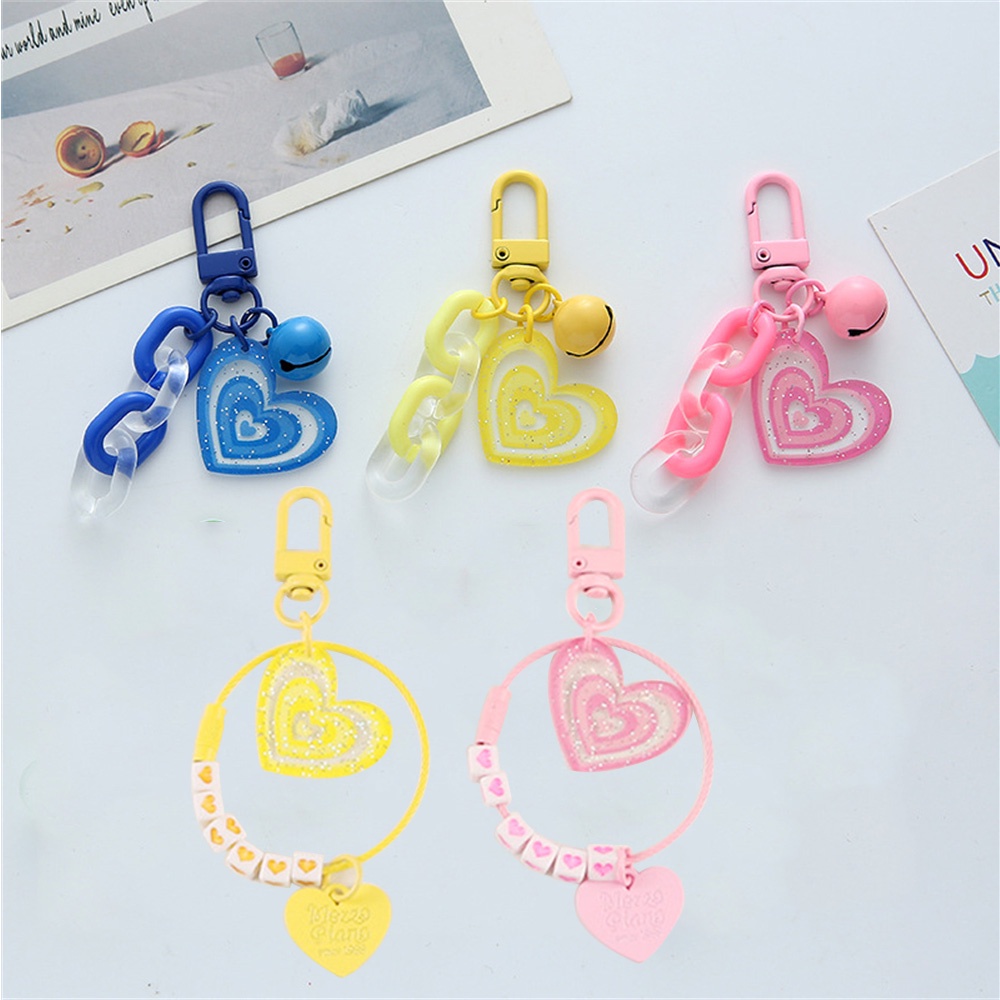 Exquisite Heart Pendant Acrylic Keychains Cute Love Bell Square Beades ...