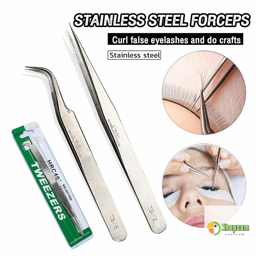 ShopCom Straight/Curved Eyelash Forceps Lash Tweezers Stainless Eyelash ...