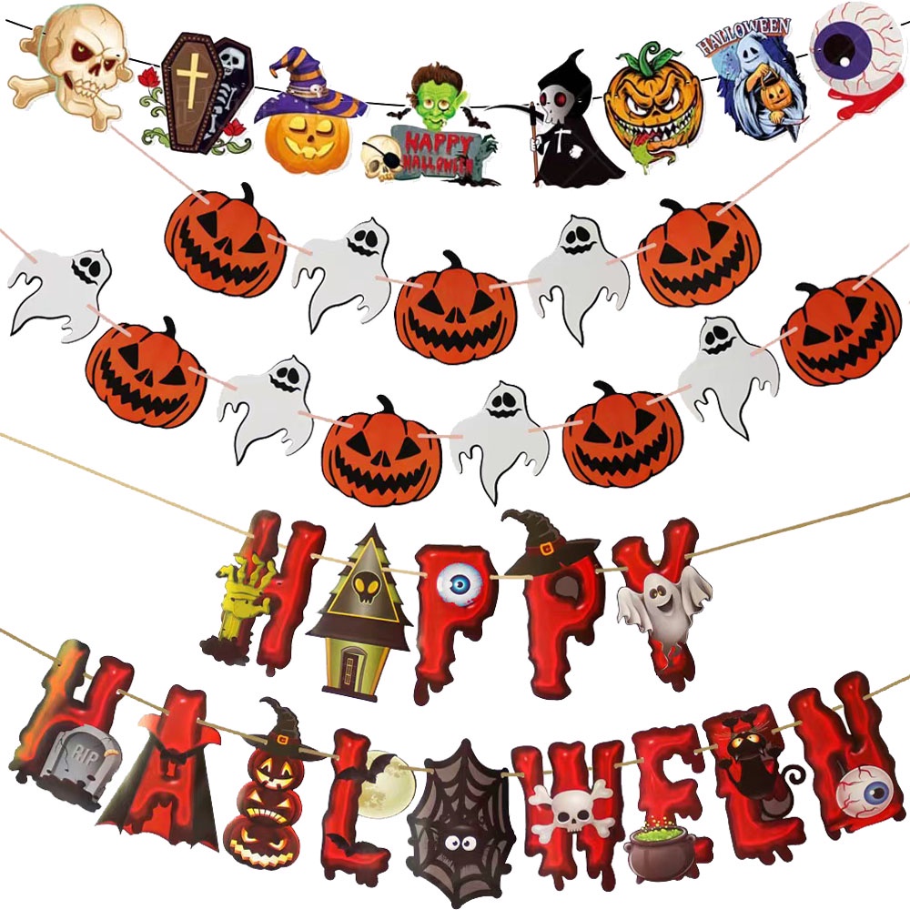 Happy Halloween Paper Banner 3D Bats Sticker Pumpkin Witch Skull ...