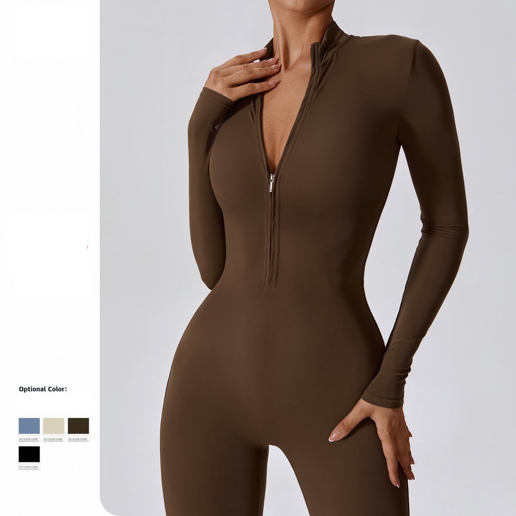 Women's One-Piece Suit Zipper Nude Long Sleeve Yoga Set Gym Clothes Workout Boilersuit High ...