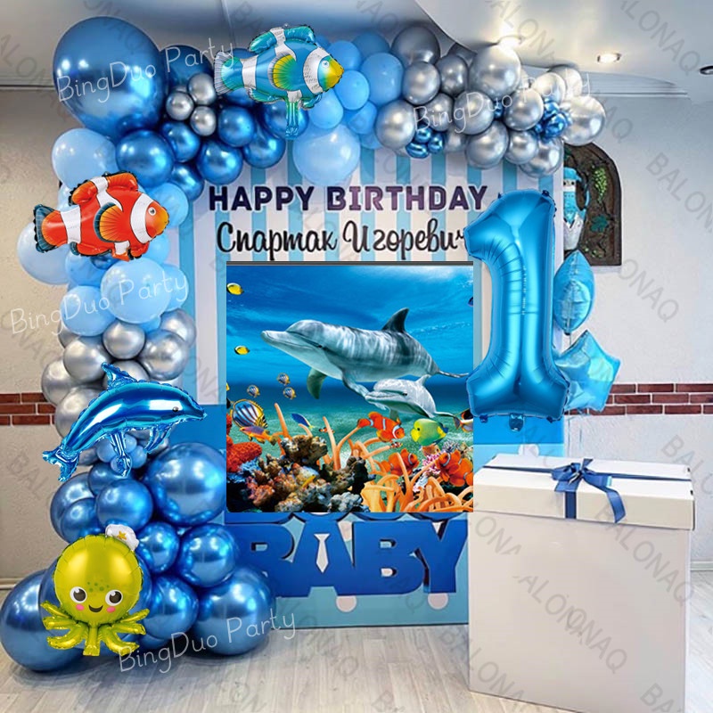 56/57pcs Marine Ocean World Balloons Garland Arch Kit Fish Octopus Foil ...