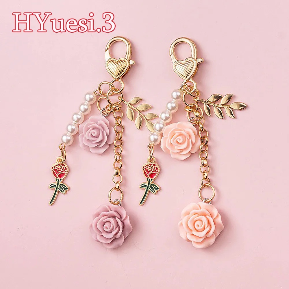 Sweet 3D Rose Camellia Keychain Multicolor Flower Keyring With Pearl ...