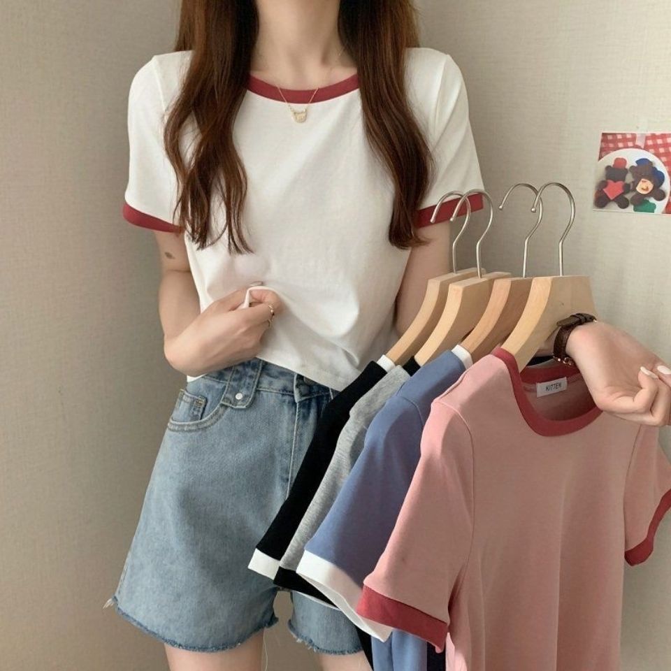 Y2K Patchwork T-shirt Women Summer Slim Tee Shirt Femme Korean Fashion ...