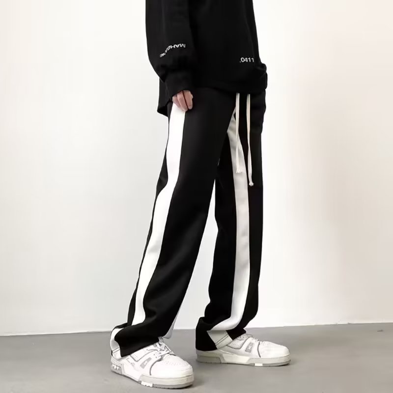 Korean Black Striped Drawstring Wide Leg Pants For Men And Wowen Summer ...