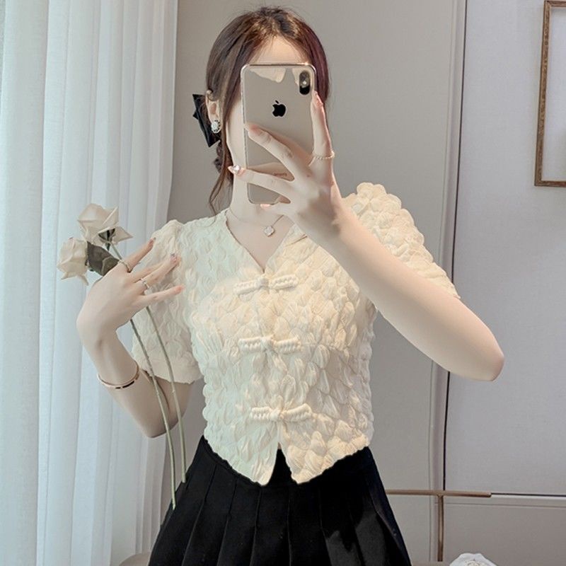 Retro Solid Color Puff Sleeve Frog Button Short Blouse Women Tops ...
