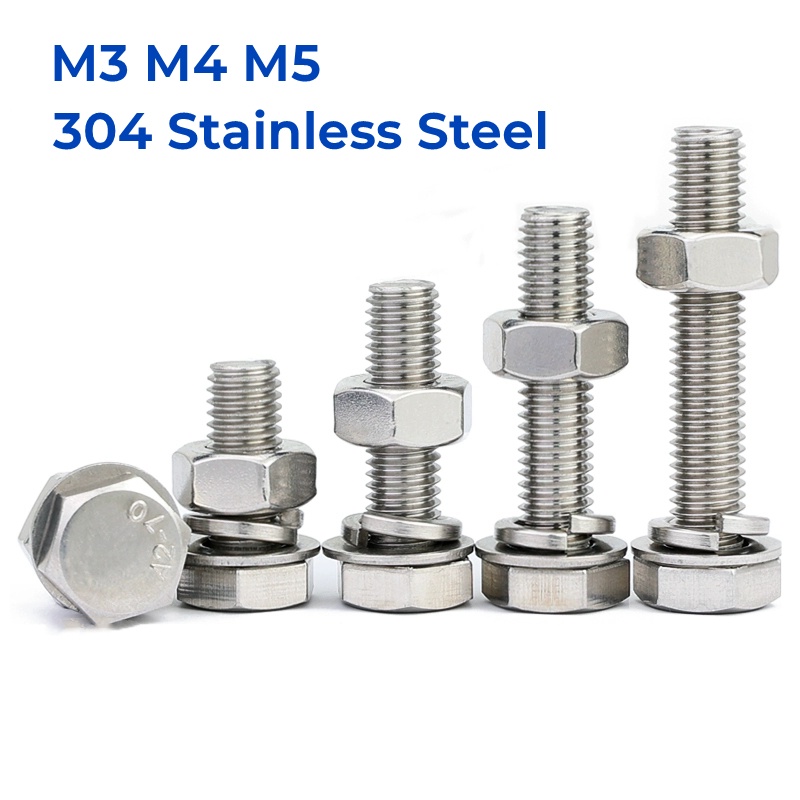 M3 M4 M5 304 Stainless Steel Hex Head Screws Nuts Flat Washers Lock ...