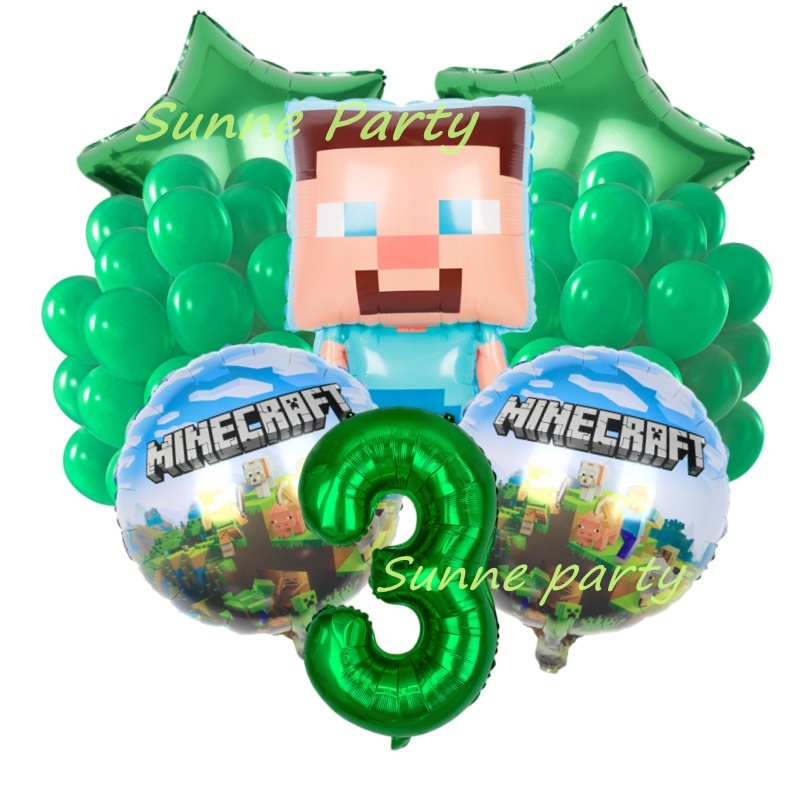27pcs minecraft theme party balloons set pixel war 32inch green number ...