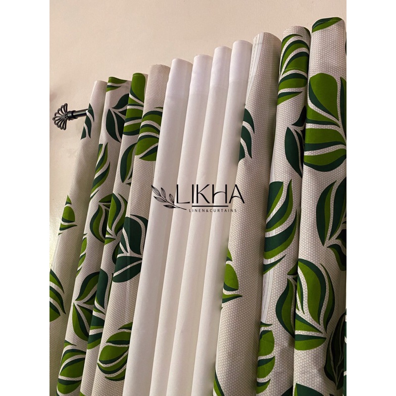 LIKHA - 3in1 Elegant Green Leaves Ring Curtain (6ft/7ft) - sold per piece / set. | Shopee ...