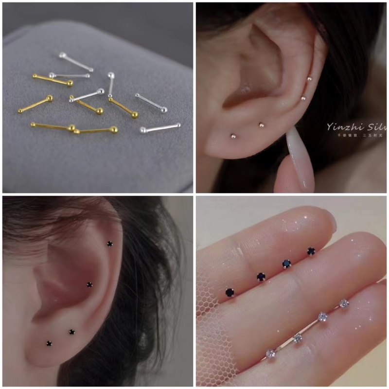 1 Pair round Beads Women's Earrings Double-Headed Mini S925 Silver ...