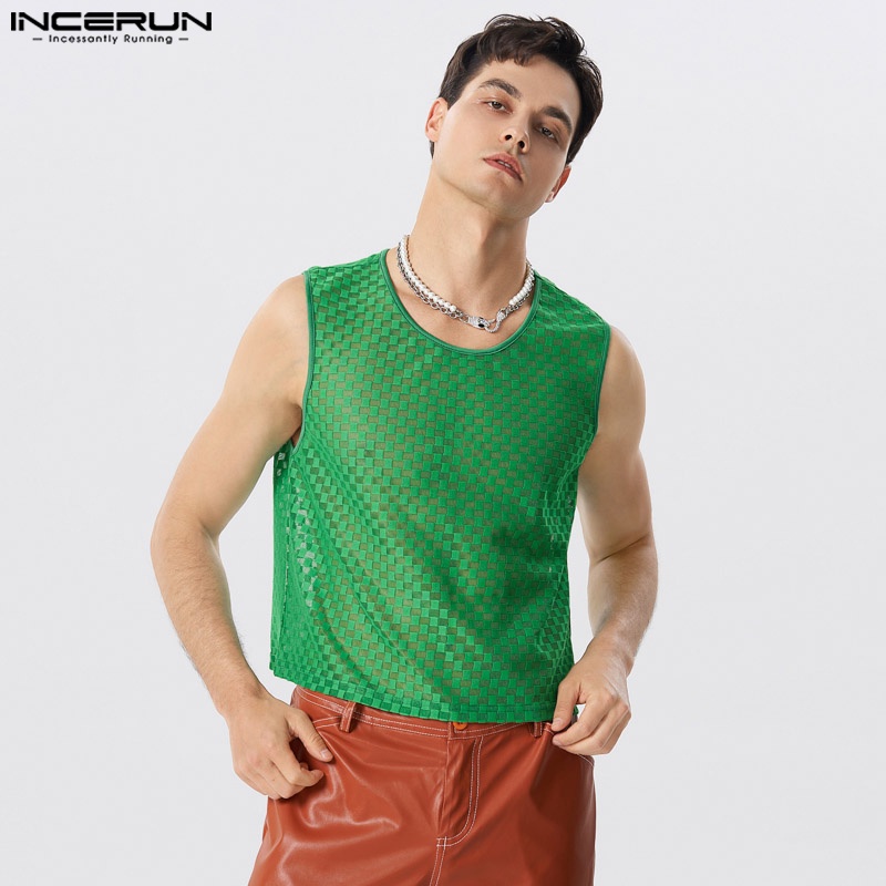 INCERUN Men's Fashion Hollow out Square Plaid Sleeveless Tank Top ...