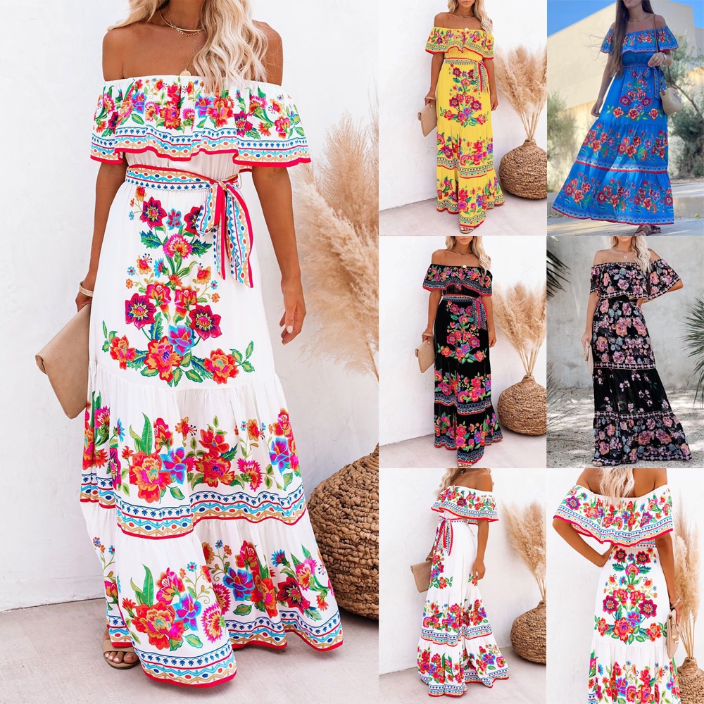 Women Off Shoulder Ruffled Floral Flower Print Boho Bohemia Swing Long ...