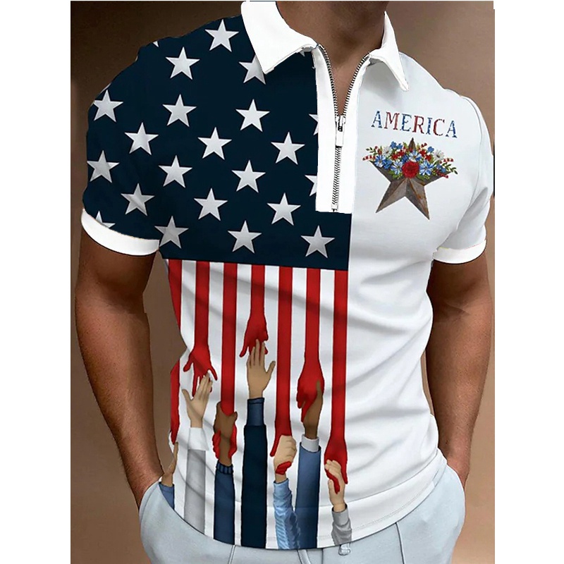 Men Flag Printed Polo Shirt, Casual Short-Sleeved Round Neck Zipper t ...