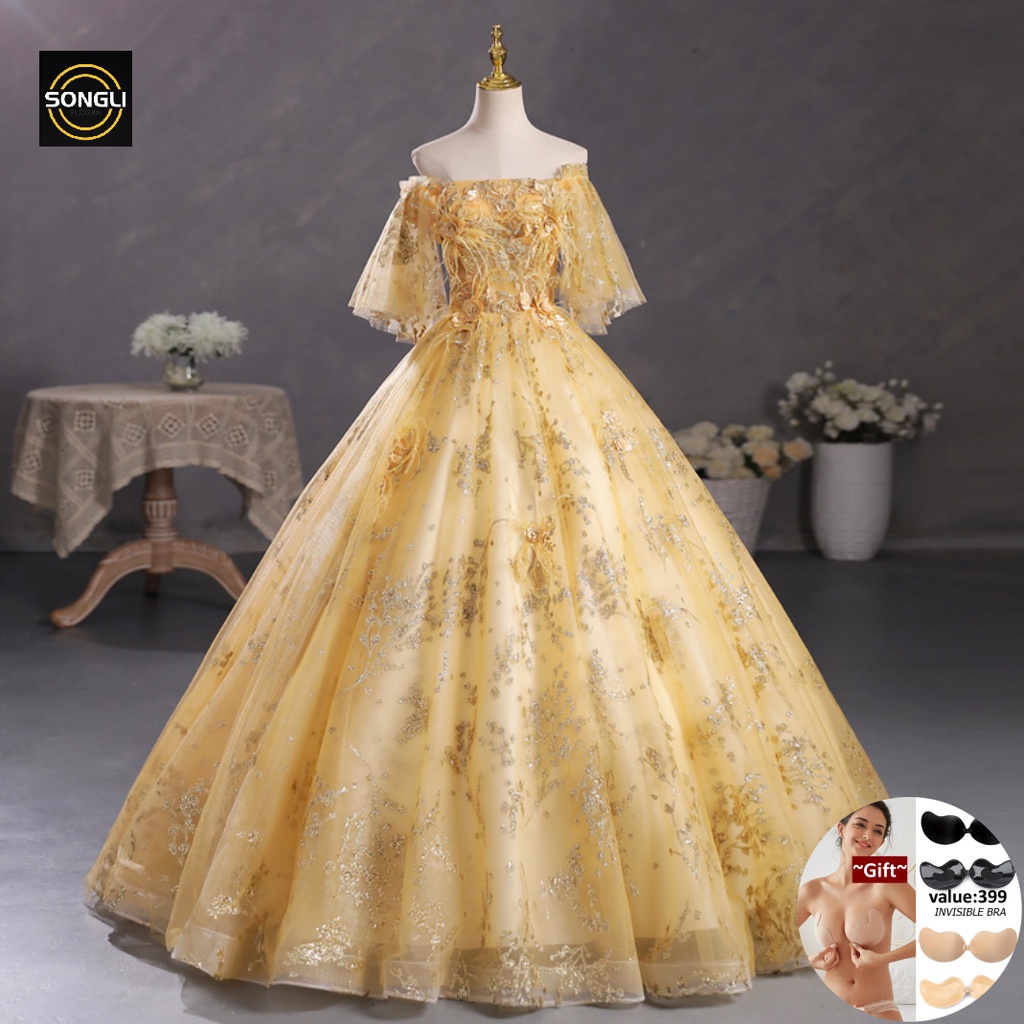 Off Shoulder Champagne Gold Prom Dress Ball Gown Student Evening Dress ...