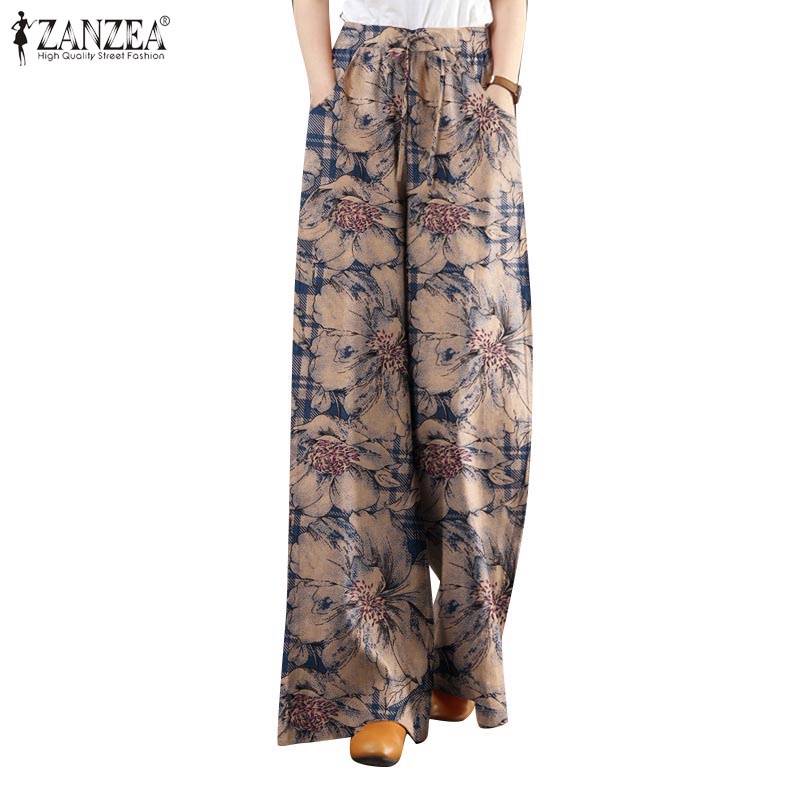 ZANZEA Women Loose High Waist Printing Cotton Linen Wide Leg Straight ...