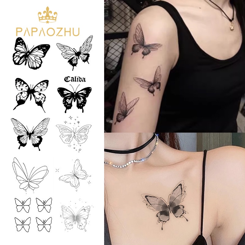 PAPAOZHU 10PCs Trendy Waterproof Black Butterfly Tattoo Stickers Set ...