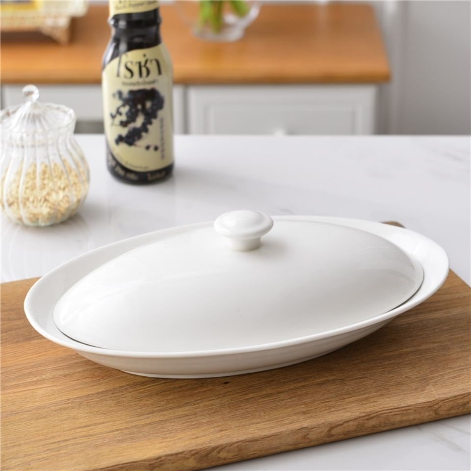Household Microwave Oven Fish Steaming Plate Ceramic Oval Deep Plates ...