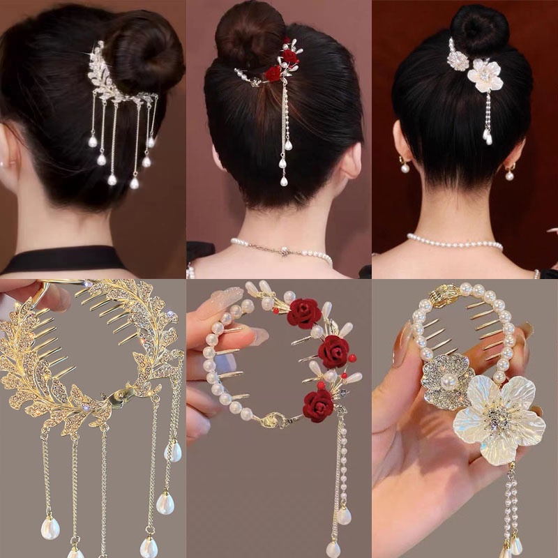 Pearl Butterfly Flower Tassel Hair Bun Buckle Hairpin Back Brain Spoon ...