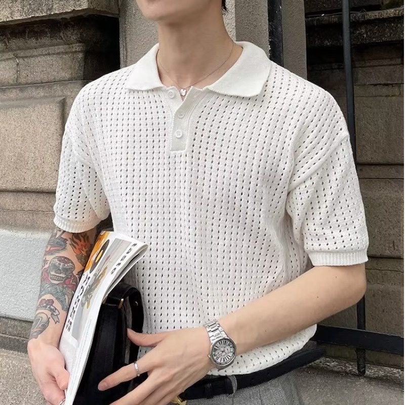 T-shirt Korean Style Trend Men's Casual Knitted Hollowed Out Short ...