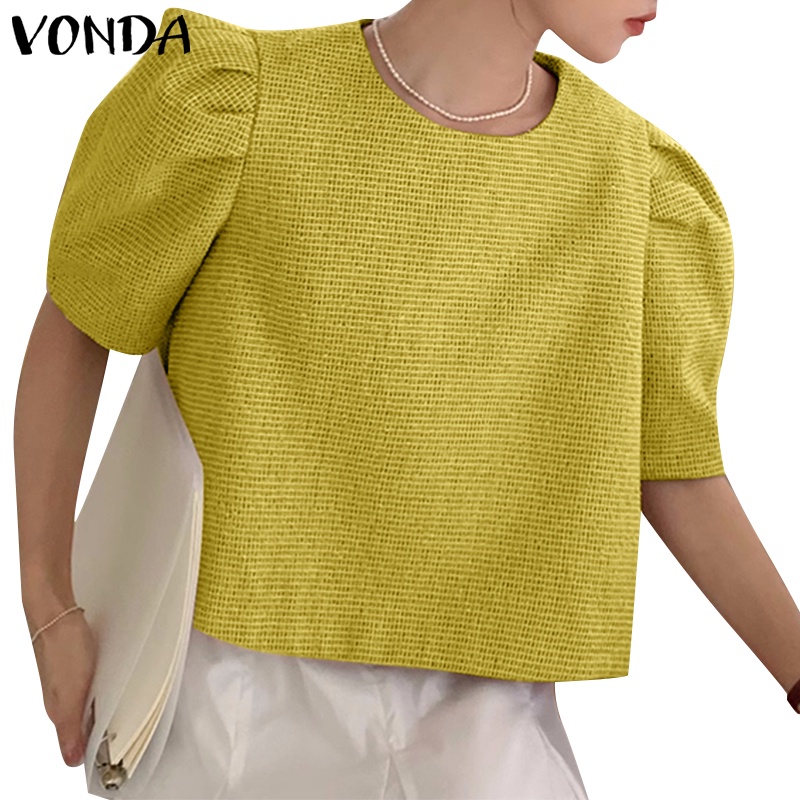 VONDA Women Korean Short Sleeves Puff Sleeves Round Neck Casual Solid ...