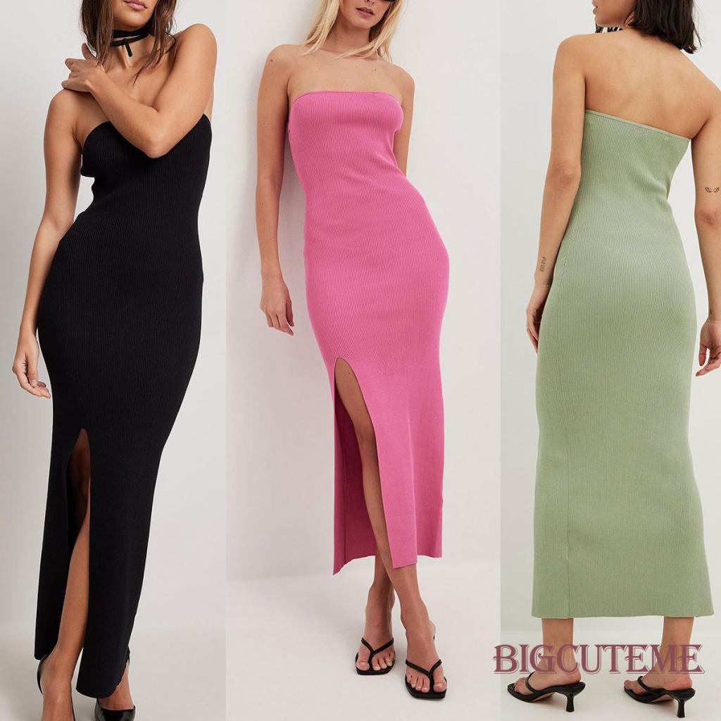 []-Tube Dress Women Off Sholder Ribbed Solid Color Boat Neck Strapless ...