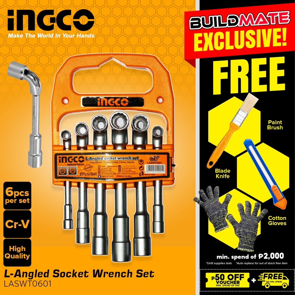 BUILDMATE Ingco L-Angled Socket Wrench Set 6 PCS 14mm Cr-V Mechanic Repair Tools LASWT0601 • HT2 ...