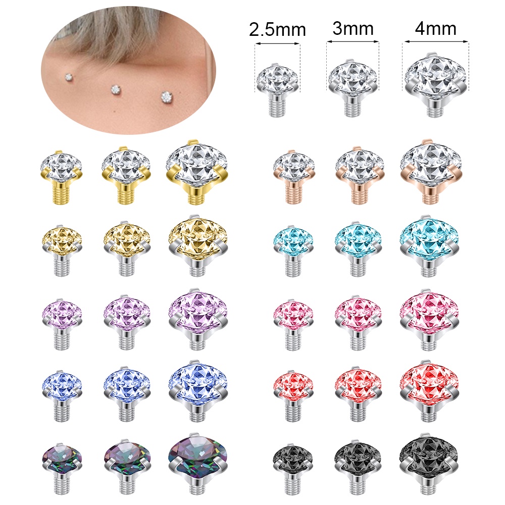 1 PC 2.5/3/4mm Color Crystal Dermal Anchor Piercing Stainless Steel ...