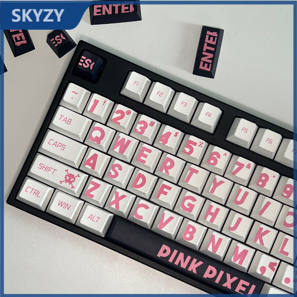 Pink Pixel Keycaps Cherry Profile Blue Minimalist Big Font PBT Dye Sub ...